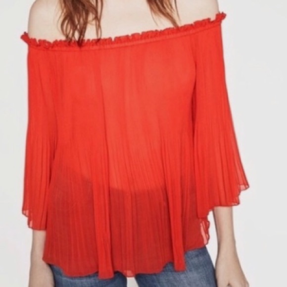 Zara | Tops | Zara Red Pleated Off Shoulder Top | Poshmark